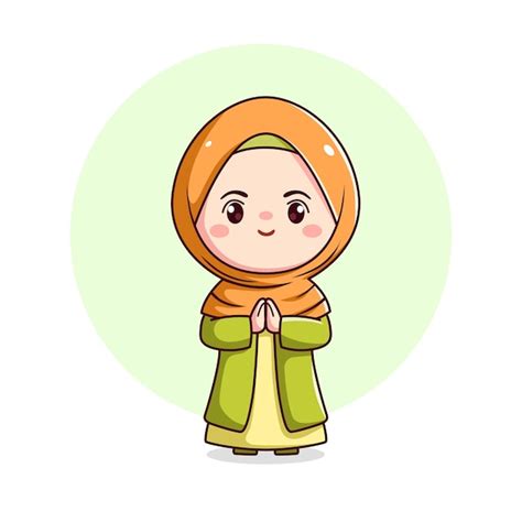 Linda Chica Hijab Con Gesto De Saludo Kawaii Chibi Personaje Plano