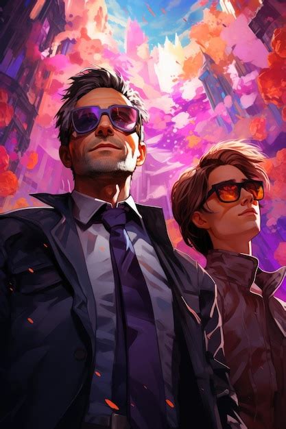 A Poster Of A Couple Wearing Sunglasses And A Man Wearing A Suit And