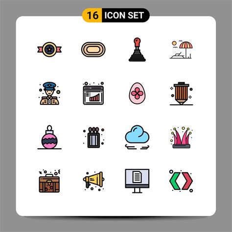16 Universal Flat Color Filled Lines Set For Web And Mobile Applications Board Man Car Police
