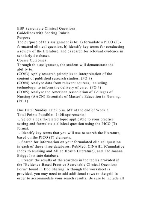 EBP Searchable Clinical QuestionsGuidelines With Scoring Rubric Docx