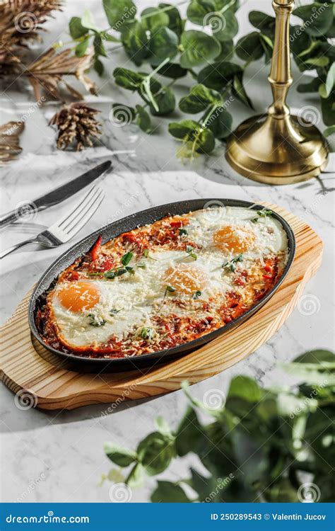 Shakshuka Tradicional Tomate De Ovos E Salsa Em Uma Frigideira De