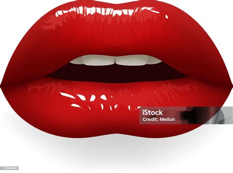 밝은 빨간색 립스틱 입술 반 열려있는 여성 입 치아 세련 된 패션 이랑 흰색 디자인 벡터 일러스트 레이 션에 고립 3차원 형태에 대한 스톡 벡터 아트 및 기타 이미지