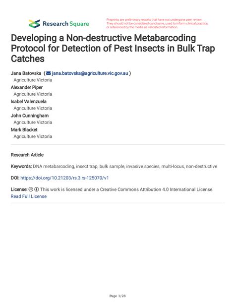 Pdf Developing A Non Destructive Metabarcoding Protocol For Detection Of Pest Insects In Bulk