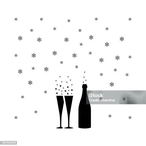 반짝이는 별과 눈송이 아이콘 벡터 일러스트레이션 세트가 있는 샴페인 의 병과 안경 크리스마스 이브 새해 행복한 이벤트 축하 실루엣 그림 표지판 에 흰색 배경 겨울에 대한