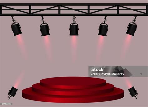 스테이지 레드 스포트라이트 고가 원형 플랫폼 검은 무대 조명을 방출하는 빔 금속 트러스 구조 공연 설비 이벤트 조명 프레젠테이션 공간 연극 장비 0명에 대한 스톡 벡터 아트