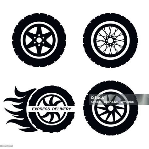 완전한 바퀴와 자동차 타이어의 다른 종류 강철 및 합금 림 익스프레스 배달 아이콘입니다 흰색 배경에 격리 된 타이어의 벡터 그림입니다 가장자리에 대한 스톡 벡터 아트 및