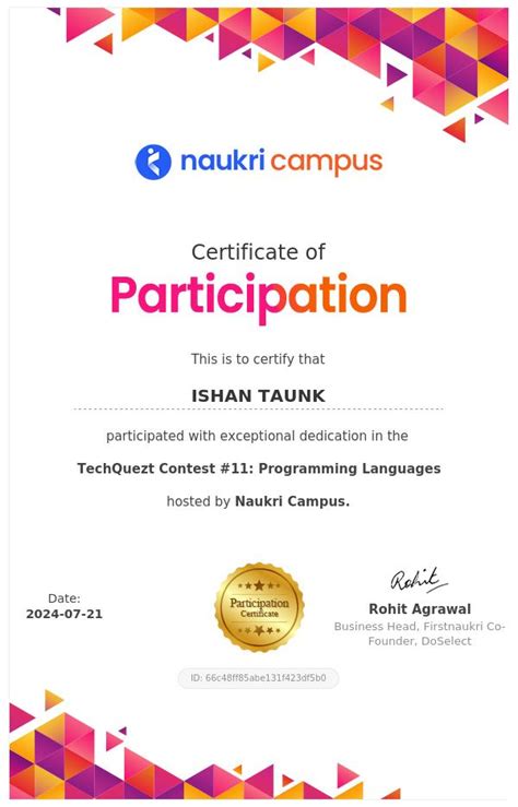 Ishan Taunk On Linkedin Certificate Of Participation In Techquezt Contest 11 Programming