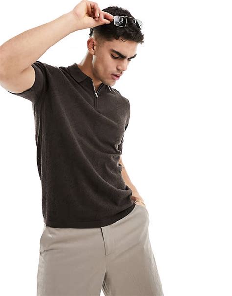Asos Design Polo En Maille Crochetée Avec Col Zippé Marron Asos
