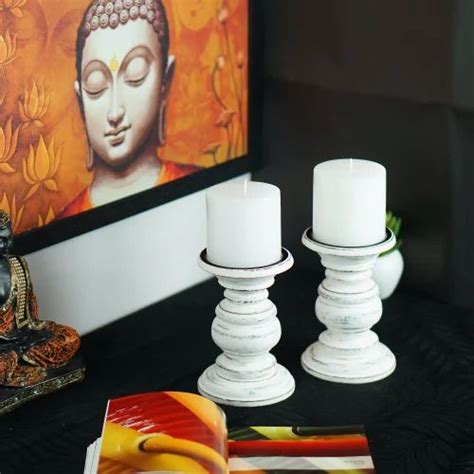 White Wooden Pillar Candle Holders Gram Size H Dia At Rs Pair In Jaipur