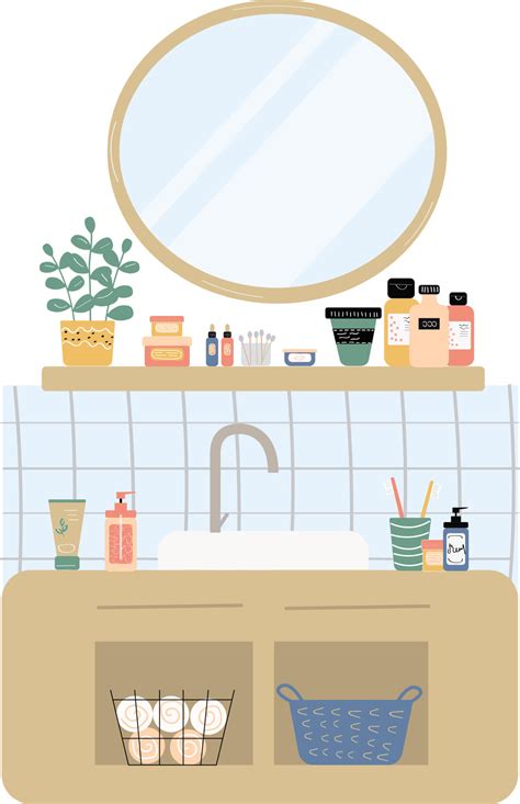 Modern Bathroom Interior With Mirror Sink Table Shelves Vector