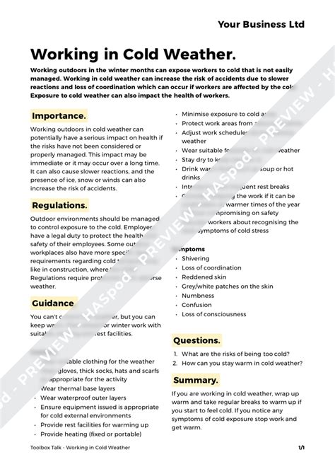 Working In Cold Weather Toolbox Talk Template HASpod