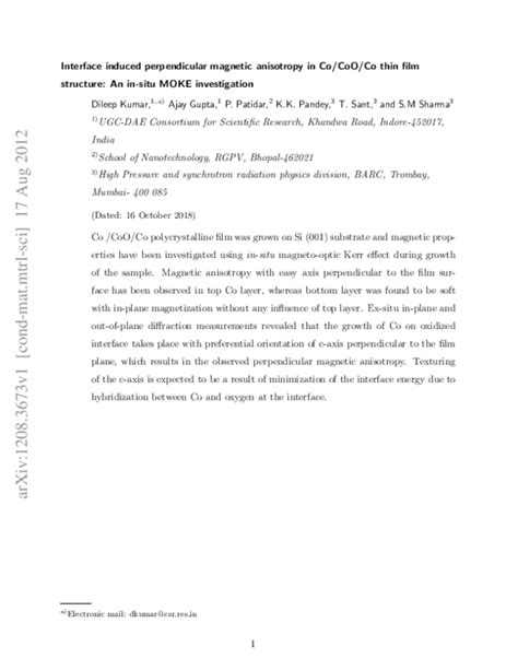 Pdf Interface Induced Perpendicular Magnetic Anisotropy In A Co Coo Co Thin Film Structure An