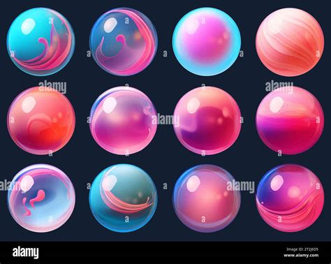 Set Of Colorful Spheres With Glares And Shadows On Dark Background
