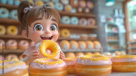 Cartoon Chubbi Girl In 3d Delighting In A Donut Colorful Bakery Shop
