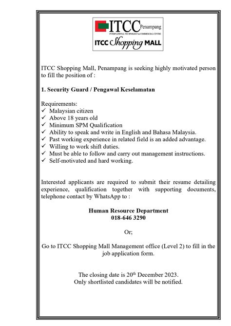 Open Vacancy Itcc Penampang Mall 1 Security Guard Pengawal