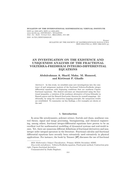 Pdf An Investigation On The Existence And Uniqueness Analysis Of The Fractional Volterra