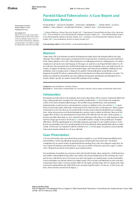 Pdf Parotid Gland Tuberculosis A Case Report And Literature Review