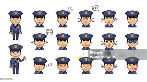 一套員警表情符號有趣的員警表情顯示各種面部表情笑傷心哭累驚訝嚴肅快樂憤怒等情緒向量圖形及更多q版圖片 Q版 人 人的臉部 Istock