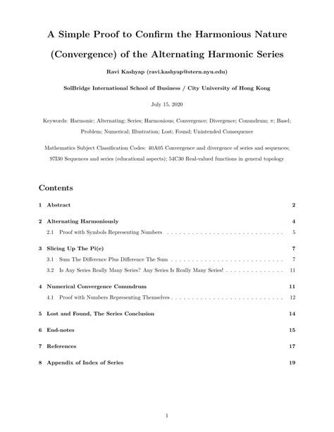 PDF A Simple Proof To Confirm The Harmonious Nature Convergence Of The Alternating Harmonic