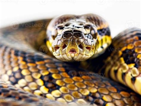 A Black Headed Python Is Coiled With Its Dark Head And Striking Patterns Visible Against A White