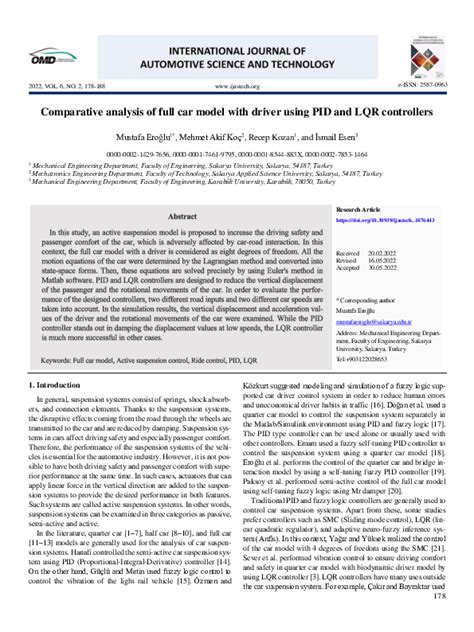 Pdf Comparative Analysis Of Full Car Model With Driver Using Pid And Lqr Controllers