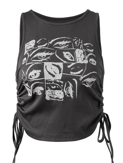 Eye Graphic Lace Up Ribbed Tank Top Omcne