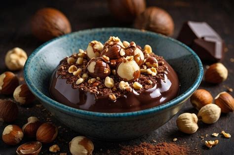 Chocolate Hazelnut Pudding With Crushed Hazelnuts Premium Ai