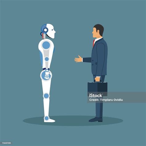 사업가는 로봇 손을 흔들어 협력 개념입니다 평면 디자인에 벡터 일러스트입니다 개념에 대한 스톡 벡터 아트 및 기타 이미지