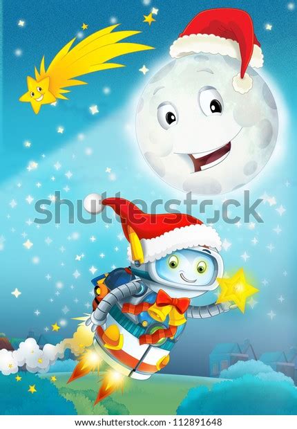 Cartoon Smiling Moon By Night Stars Stock Illustration 112891648