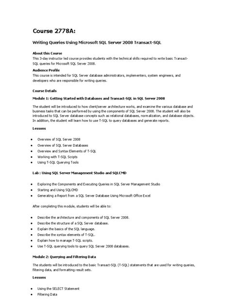 Course 2778a Writing Queries Using Microsoft Sql Server 2008 Transact