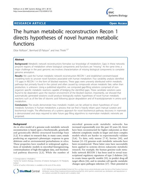 Pdf The Human Metabolic Reconstruction Recon 1 Directs Hypotheses Of