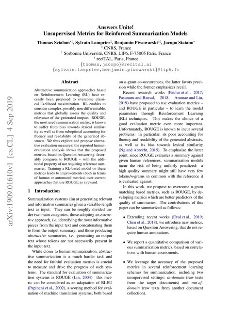 Pdf Answers Unite Unsupervised Metrics For Reinforced Summarization Models