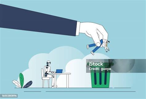 로봇은 인간의 일자리를 대체하고 사업가는 쓰레기통에 버려집니다 3차원 형태에 대한 스톡 벡터 아트 및 기타 이미지 3차원 형태 개선 경영자 Istock