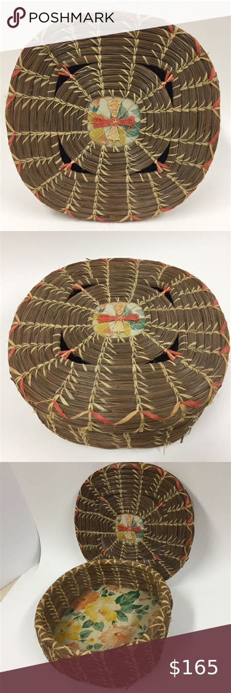 Vintage Gullah Sweetgrass Basket W Lid Folk Art Oil Cloth Handcraft