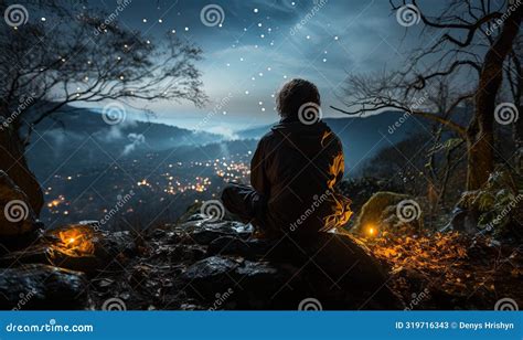 Person Sitting On Rock Gazing At Night Sky Stock Image Image Of
