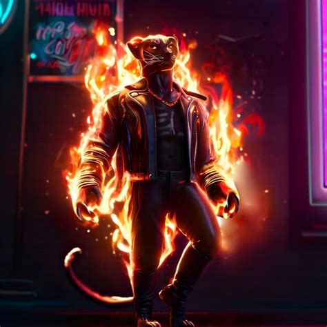 Premium AI Image A Panther Wearing A Flaming Leather Jacket Standing In The Street In Front Of