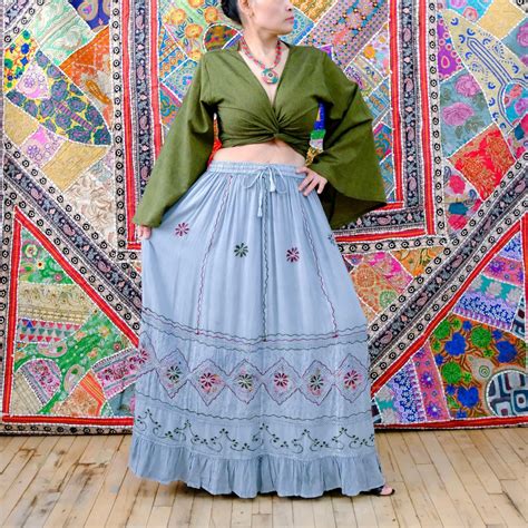 Flowy Tiered Pocket Cotton Summer Skirt Hand Embroidery Flare Long