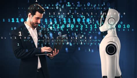 Businessman With Laptop Interacting With Humanoid Robot Stock Image Image Of Technology