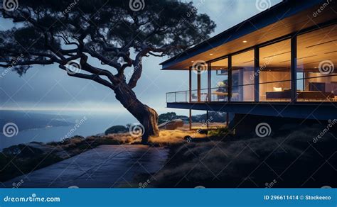 Modern House At Dusk A Cinematic Rendering Of Lively Coastal