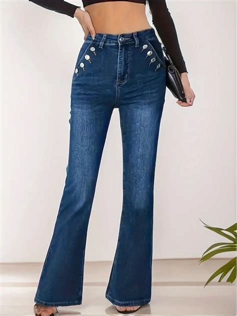 Blue Single Breasted Button Flare Jeans Mid Stretch Temu