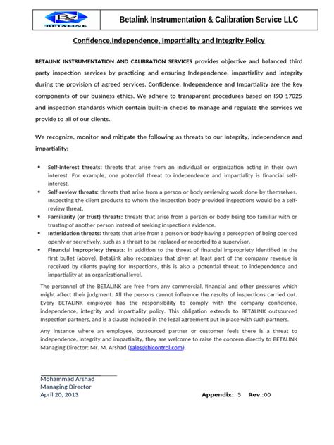 Independance Integrity And Impartiality Statement Pdf Policy Business