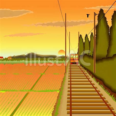 田舎 電車 夕方 夕日 田んぼイラスト No 22648758｜無料イラスト・フリー素材なら「イラストac」