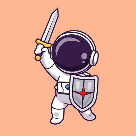 Guerrier astronaute mignon tenant une épée et un bouclier Cartoon