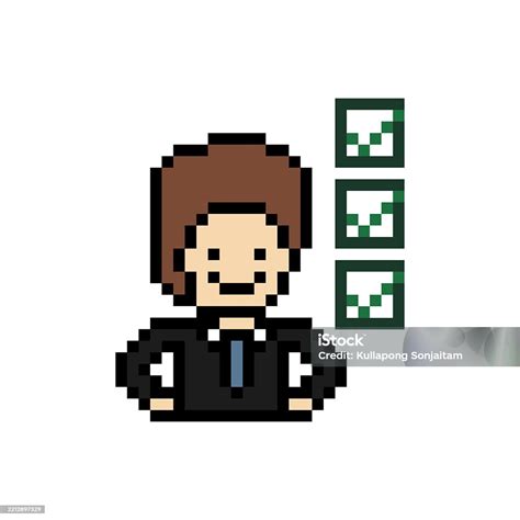 만화 귀여운 픽셀 만화 8 비트 캐릭터 비즈니스 맨 스마트 작업 체크 목록 피드백 장식 비즈니스 8 비트 남성 사업가 사무 작업 게임 체크 목록 벡터를 할 수 있습니다