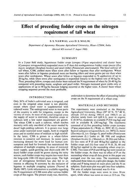 Pdf Effect Of Preceding Fodder Crops On The Nitrogen Requirement Of