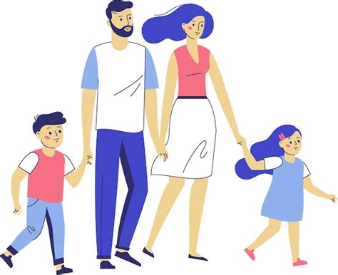 Familia joven con niño y niña niños caminando y tomados de la mano