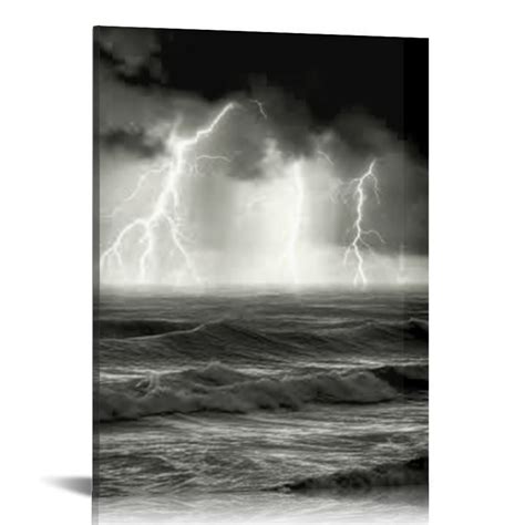 EastSmooth Thunderstorm Canvas Print Black White Ocean Lightning Wall Art Nautical Pictures