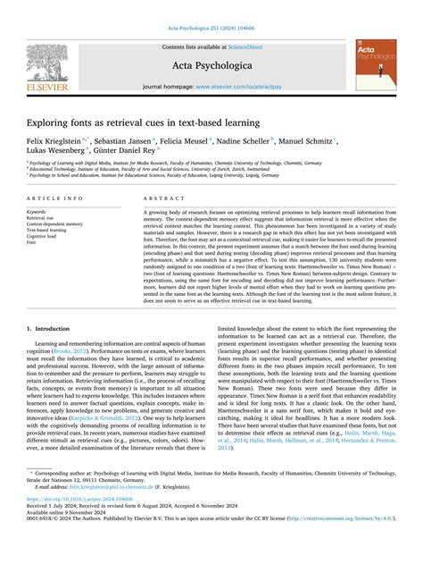 Pdf Exploring Fonts As Retrieval Cues In Text Based Learning