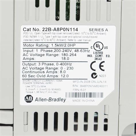 Allen Bradley Powerflex 22b A8p0n114 Series A 2 Hp Frequency Drive