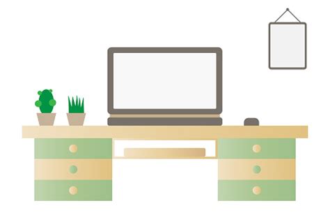 노트북이 있는 컴퓨터 책상 공기 정화를 위한 꽃 벽에 있는 사진 학생과 사무직 근로자를 위한 표준 작업장 벡터 Eps10 0명에 대한 스톡 벡터 아트 및 기타 이미지